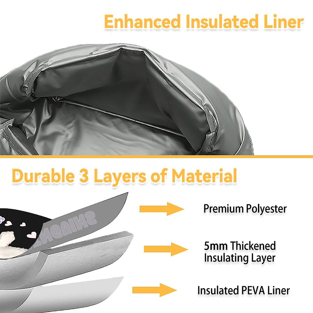 PAKKITOP Penguin Lunch Bag for Kids, Small Lunch Bags Insulated, Cute Reusable Lunchbox for Teen Girls Boys, Black Portable Lunchbags for School Travel Picnic, Freezable and Foldable