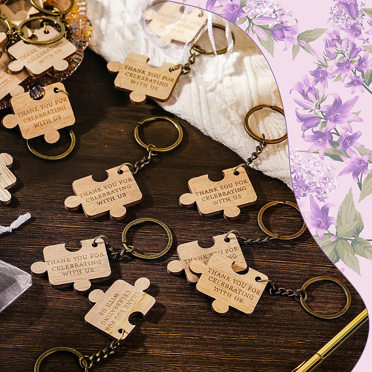 Huquary Wedding Favors Bulk for Guest Wood Puzzle Keychain Thank You for Celebrating with Us Keyring Gifts with Organza Bags for Bridal Shower Engagement Bachelorette Party Supply (200)