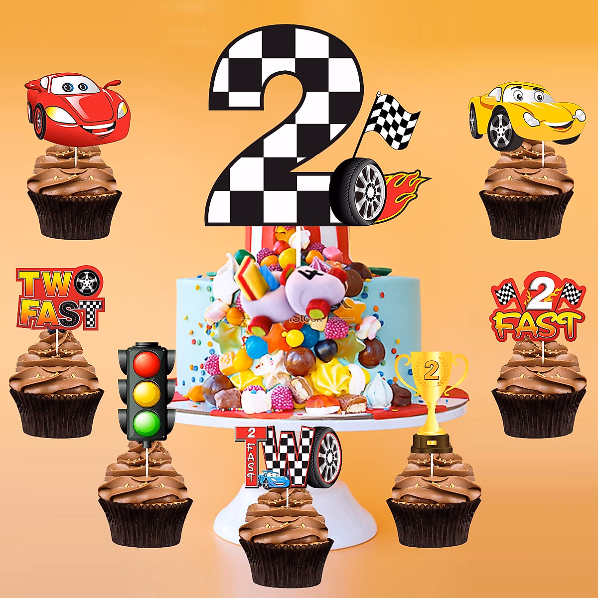 Aodocuto 36pcs Race Car Two Fast Birthday Cake Topper Decorations for Baby Boys, Racing Car Theme 2nd Birthday Cupcake Toppers Party Supplies, 2 Year Old Let’s Go Racing Cupcake Picks Decor