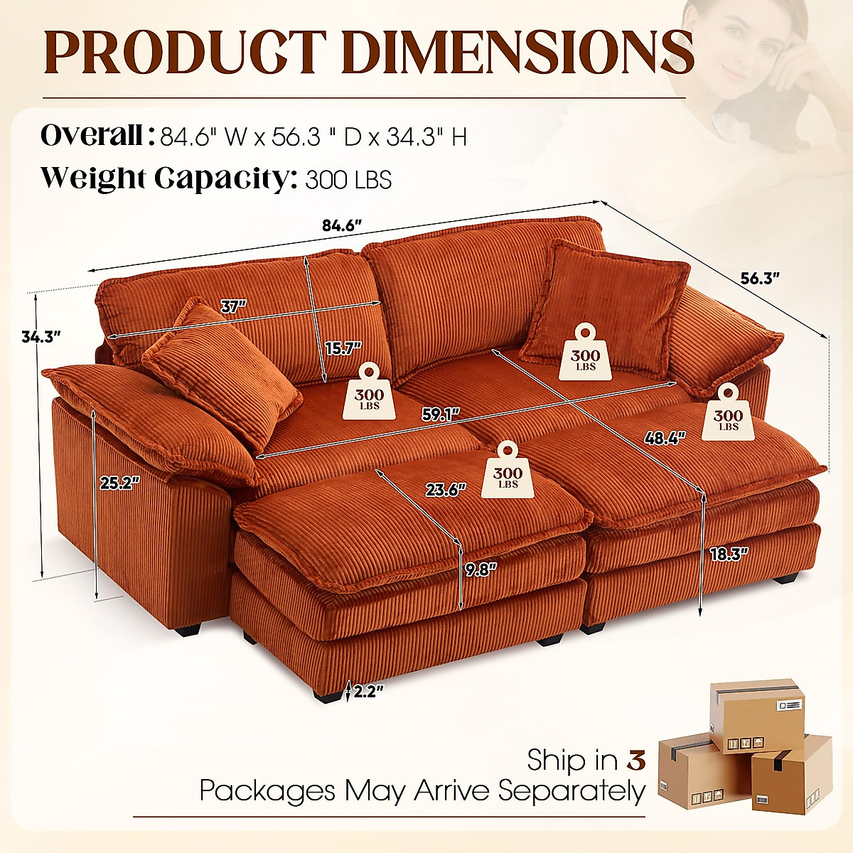 84.6'' Modular Sectional Sofa Cloud Couch for Living Room, Modern Corduroy Double Layer Upholstered Loveseat Sofa, Comfy Sleeper Sofa with Ottoman, 2 Pillows and Detachable Armrest, Orange