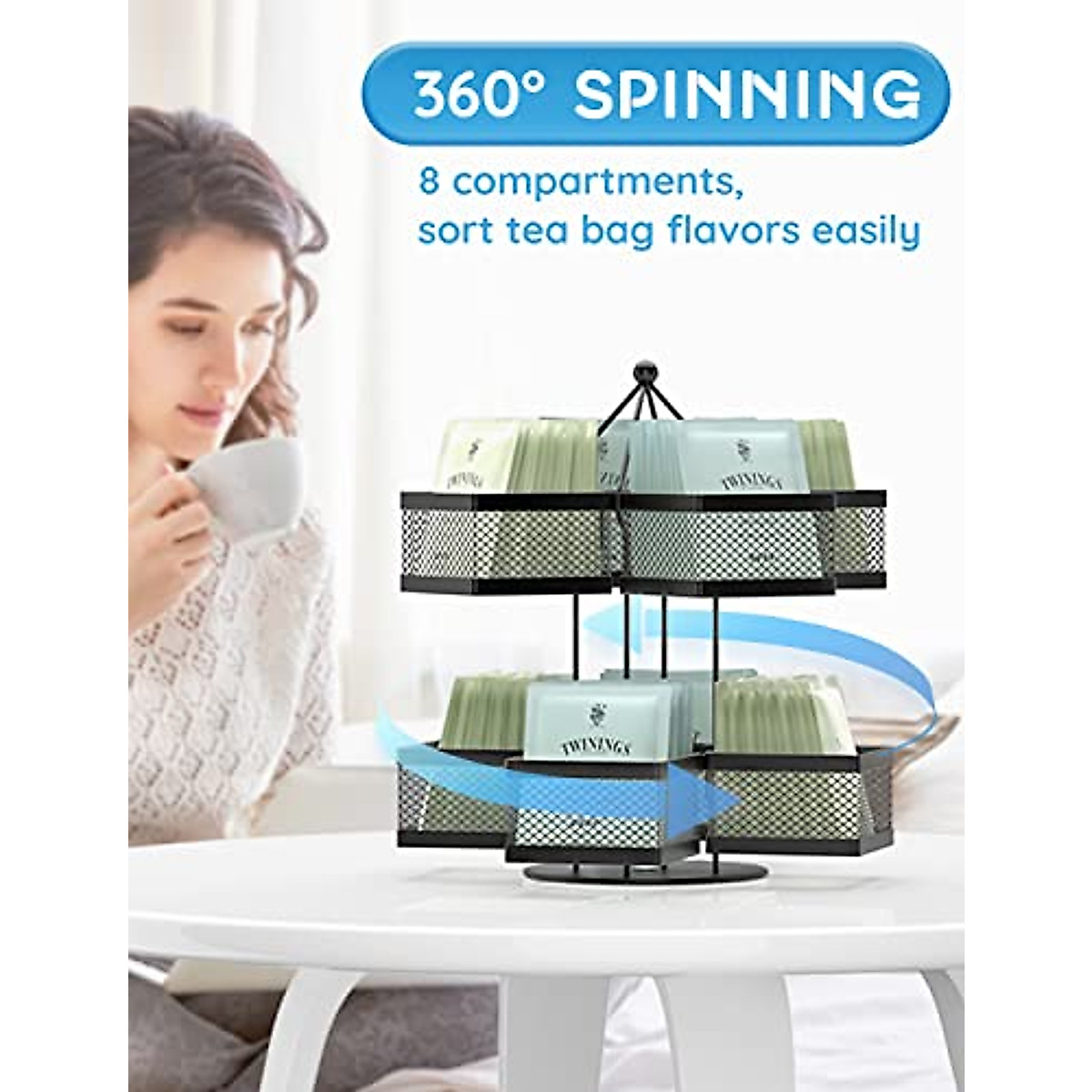 Tea Bag Organizer, Tea Bag Storage Holder Spinning Carousel 96 Teabags Container, Lazy Susan Coffee Creamer Sweetener Tea Caddy for Kitchen Counter Cabinet Pantry Shelf Organizer