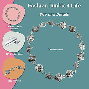 FashionJunkie4Life Sterling Silver Beach Bracelet, 7.5" Length, Sand Dollar Starfish Seashell Pattern