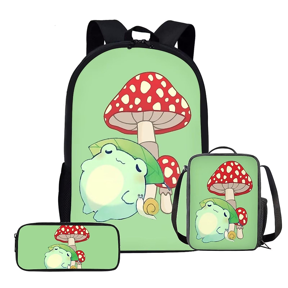 HUIACONG Mushroom Frog Backpack Set Snail Print Kids School Bookbag+Lunchbox Pack with Holder+Pencil Case 3 Pieces Insulated Lunch Bag Rucksack Set