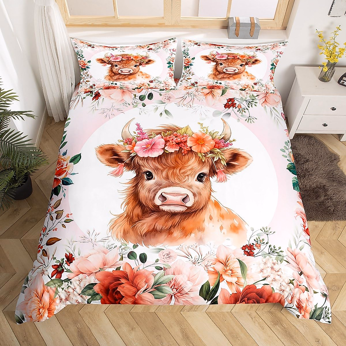 Feelyou Cute Highland Cow Bedding Set Queen Size Kids Cartoon Animal Comforter Cover Set for Boys Girls Teens Flower Floral Print Duvet Cover Farm Zoo Garden Theme Bedspread Cover (No Comforter)