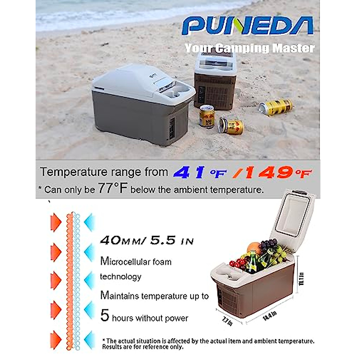 PUNEDA 12V Car Refrigerator Cooler/Warmer 8 Quart (9L) 41℉~149℉,12 Volt DC &110V AC, Electric Car Fridge Portable Compact Camping Cooler Thermoelectric 12V Small Fridge for Car,RV,Camping (Old)