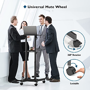 BONTEC Lecterns & Podiums Portable Mobile Standing Laptop Desk, Sit Stand Desk with Wheels, Height Adjustable Home Office Classroom Pulpit Stand Up Desk Workstation, Rolling Table Laptop Cart with Storage Tray, Black