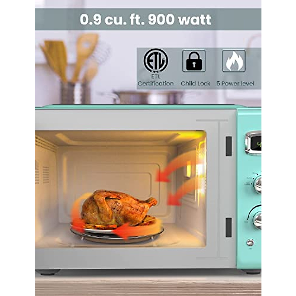 SIMOE Retro Countertop Microwave Oven, 0.9 cu.ft. 900 W Compact Micro-wave Oven with LCD display and 5 Micro Power