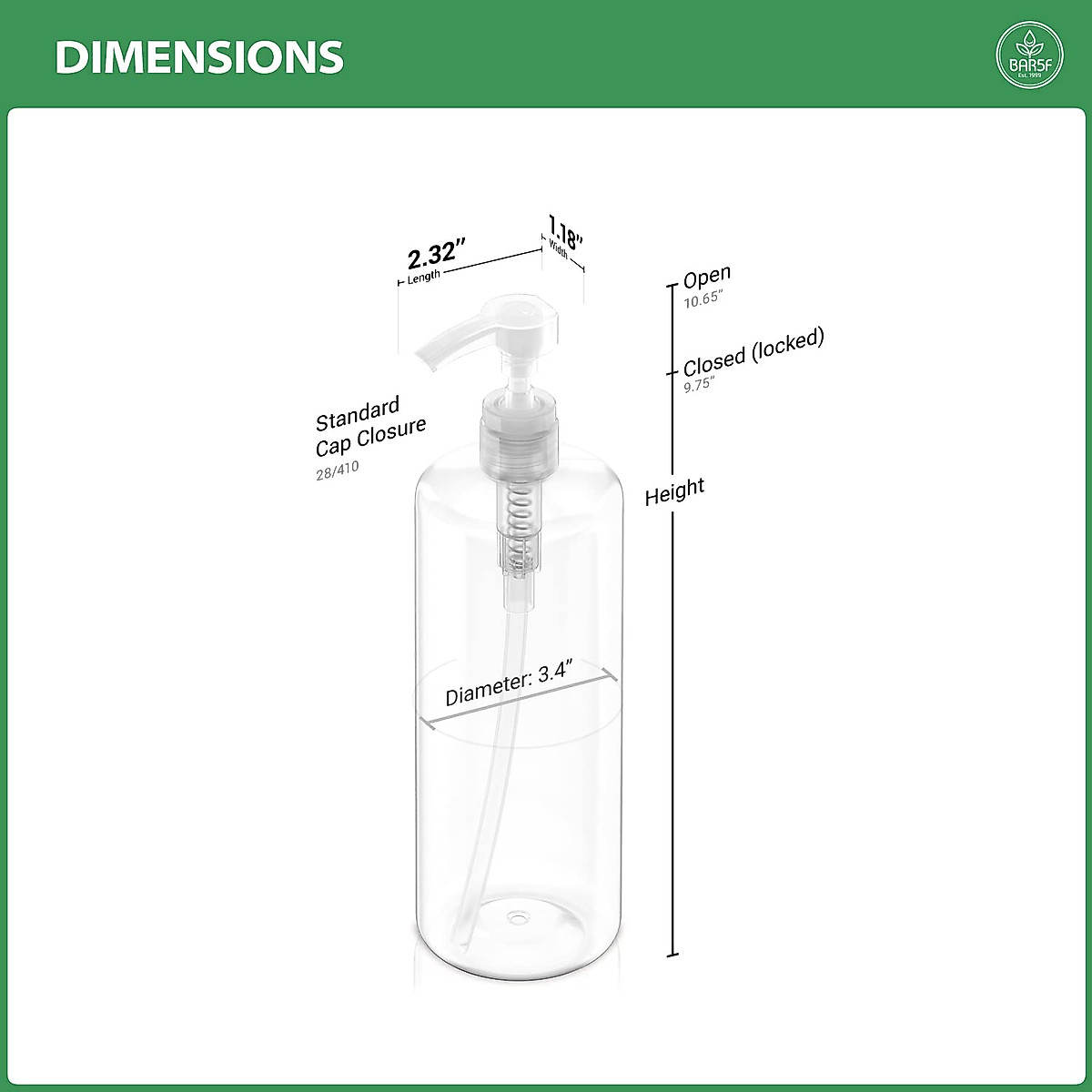 Bar5F 32-Ounce Empty Plastic Shampoo Pump Bottles, BPA-Free, Leak-Free, 1-Liter Crystal-Clear Cylinder, Clear Pump Top, 3-Pack