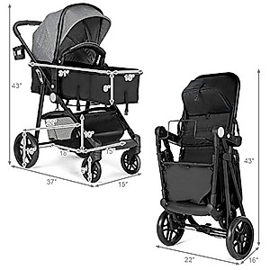 BABY JOY Baby Stroller, 2 in 1 Convertible Carriage Bassinet to Stroller, Pushchair with Foot Cover, Cup Holder, Large Storage Space, Wheels Suspension, 5-Point Harness (Gray)