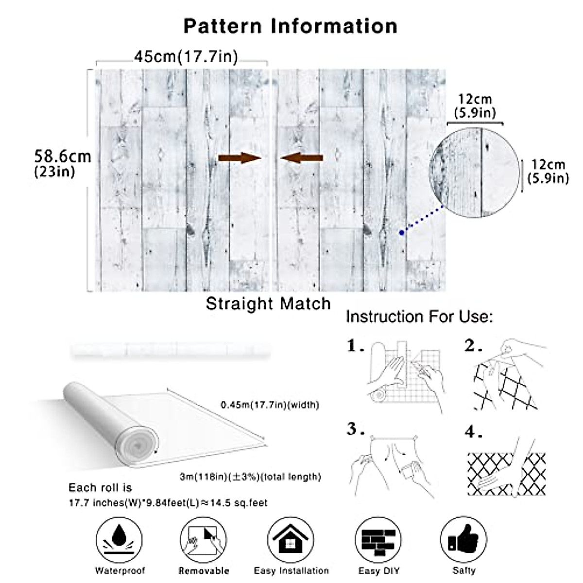 HAOKHOME MR47 Peel and Stick Wood Wallpaper Shiplap Light Grey/White/Blue Distressed Wood Plank Removable Shelf Liner Contact Paper 17.7in x 9.8ft