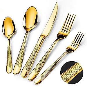 Gold Silverware Set for 8, Hammered 40-Piece Stainless Steel Flatware Cutlery Set,Modern Kitchen Utensils Tableware Set Includes Dinner Knives/Forks/Spoons,Mirror Polished Dishwasher Safe