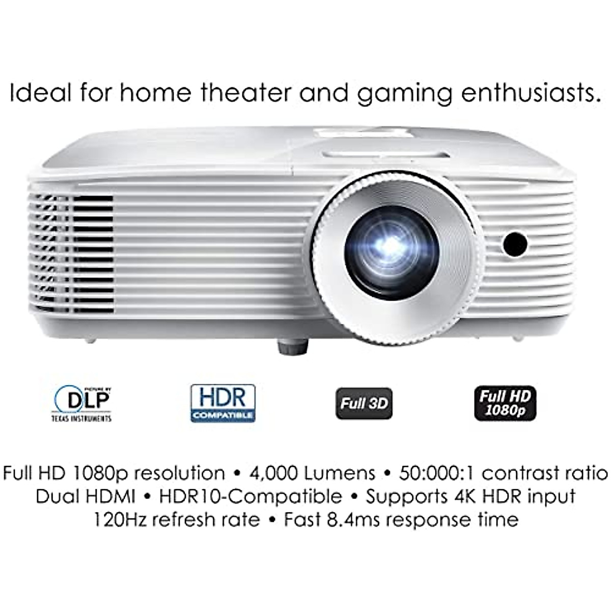 Optoma HD39HDRx High Brightness HDR 1080p Home Theater Projector | 120Hz Refresh Rate | 4,000 Lumens | Fast 8.4ms Response time with 120Hz | Easy Setup, 1.3X Zoom | 4K Input | Quiet 26 dB Operation