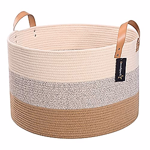 Decospark XXXL Cotton Rope Basket for Toy and Blanket Storage| 21.7" x 13.8" | Soft Long Handles | Decorative Home Organizer Ideal for Living Room, Baby Clothes and Laundry (Camel Grey and Cream)