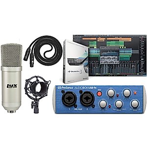 Presonus AudioBox 96 Audio USB 2.0 Recording Interface and Studio One Artist Software kit with Condenser Microphone Shockmount, and XLR Cable (Interface Color May Vary in Blue or Black)