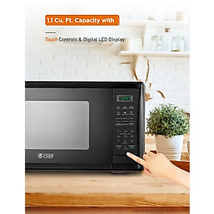 COMMERCIAL CHEF 1.1 Cu Ft Microwave with 10 Power Levels, Microwave 1000W with Push Button Door Lock, Countertop Microwave with Microwave Turntable and Digital Controls, Black