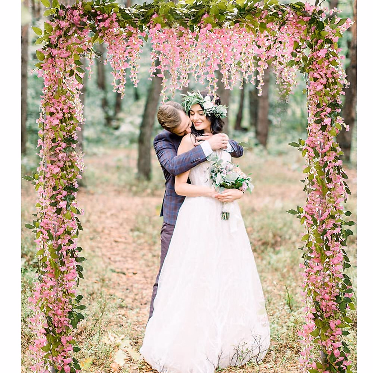 Lmeison Pink Wisteria Garland, 4Pcs Total 24ft Hanging Wisteria Flowers Silk Strings, Artificial Flowers Fake Plants Vine for Room Home Garden Outdoor Ceremony Wedding Arch Floral Decor