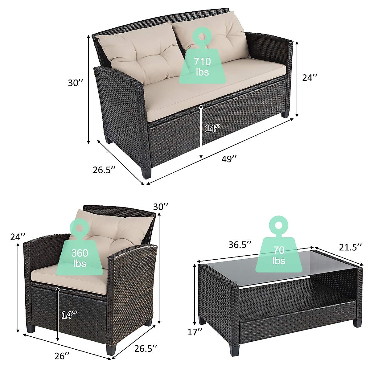 Tangkula 4-Piece Outdoor Rattan Furniture Set, PE Rattan Wicker Sectional Sofa with Loveseat Chair & Glass Table, Patio Cushioned Conversation Sets for Backyard Porch Garden Poolside (1, Brown)