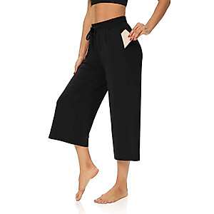 DIBAOLONG Womens Capri Pants Loose Yoga Pants Wide Leg Drawstring Comfy Lounge Pajama Capris Sweatpants with Pockets Black L