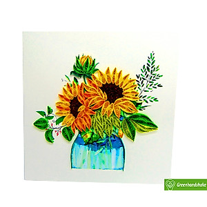 Sunflowers Arrangement in Vase, Quilled Card, Quilling Card 3D,Unique Dedicated Handmade, Design Greeting Card for Birthday, Valentine's Day, Mothers Day, Spring, Fathers Day, All Occasion,6"x6"