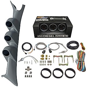 GlowShift Diesel Gauge Package Compatible with Ford Super Duty F-250 F-350 6.0L 7.3L Power Stroke 1999-2007 - Tinted 7 Color 60 PSI Boost, 1500F EGT & Transmission Temp Gauges - Gray Triple Pillar Pod