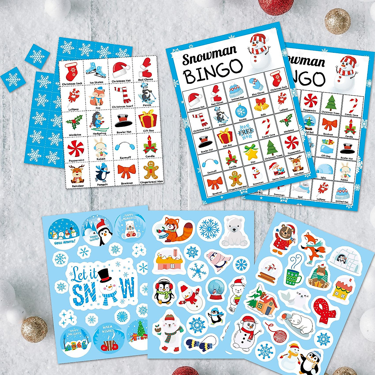Joy Bang Christmas Bingo for Kids & Adults - Snowman Bingo Game for 36 Players with Winter Stickers - Xmas Activity & Holiday Party Supplies