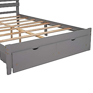 Queen Size Solid Wood Platform Bed Frame with Storage Drawers and Classic Headboard, Wood Slats Support, Under Bed Storage for Boys Girls Teens Adults,Space Saving, No Box Spring Needed (Gray)