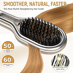 Hair Straightener Brush Ceramic | Negative Ionic Ring Straightening Comb | Natural Hairstyles Heat Brush Dual Voltage Fast Heat-Up with Dense Bristles, 4 Temps, Anti-Scald & Auto-Off