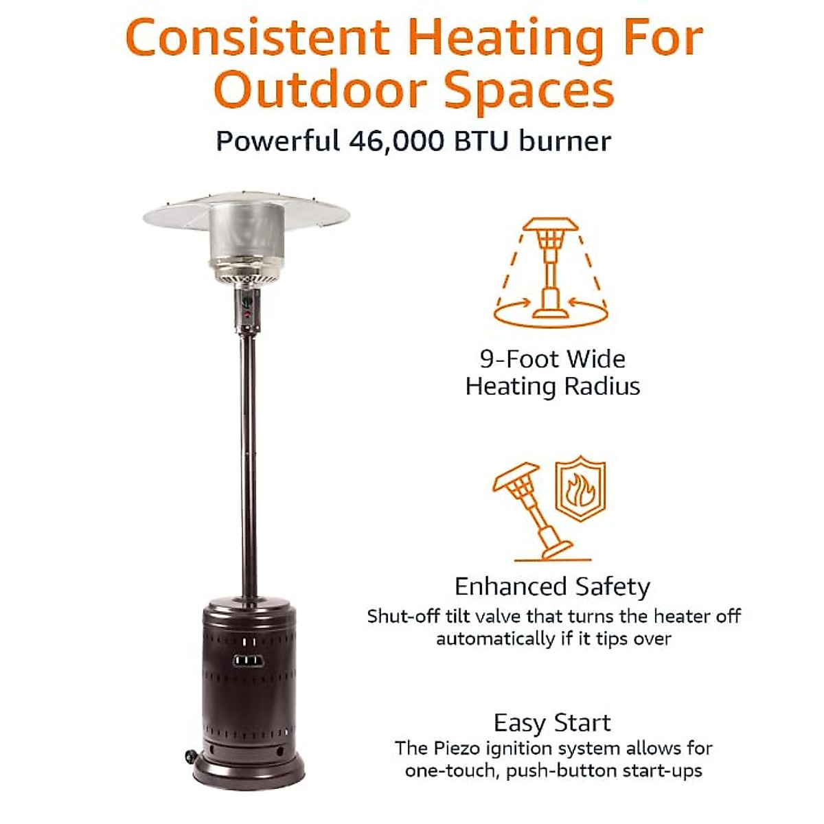 Amazon Basics 46,000 BTU Outdoor Propane Patio Heater with Wheels, Commercial & Residential, Havana Bronze, 32.1 x 32.1 x 91.3 inches (LxWxH)
