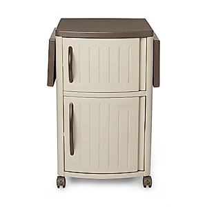 Suncast DCP2000 Portable Outdoor Patio Backyard Grilling Entertainment Serving Prep Station Table with Cabinet Storage and Drop Leaf Extensions, Beige