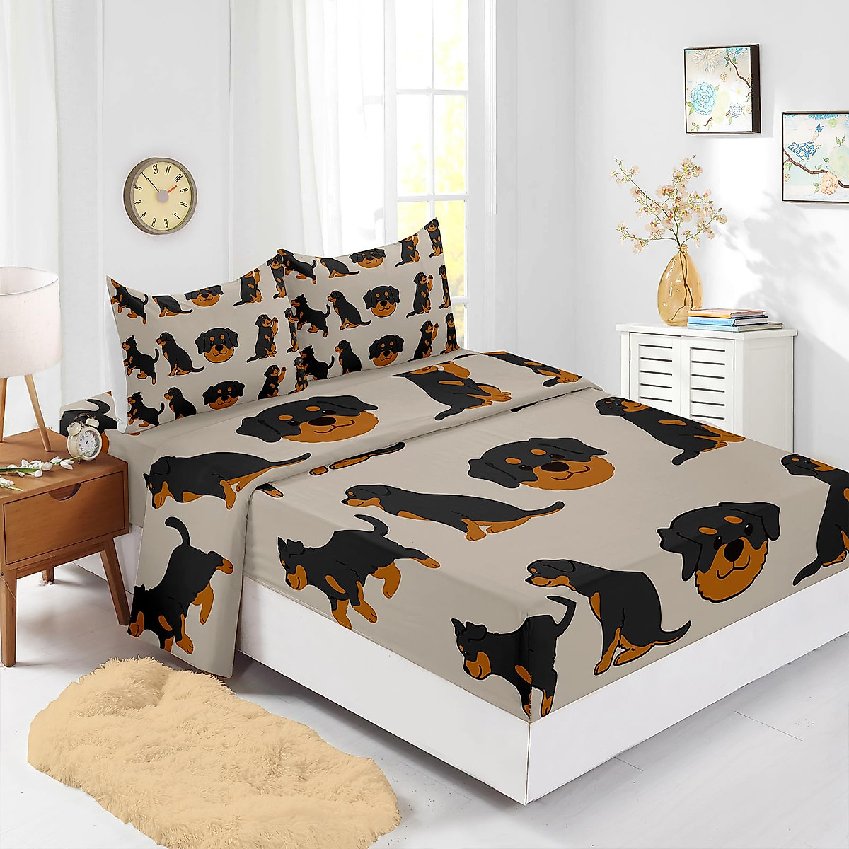 Axolotl Puppy Dog Fitted Sheet Queen,Cute Rottweiler Bedding Sheet Set,Cartoon Pet Puppy Fitted Sheet,Lovely Animal Sheet Set For Kids Boys Girls Teens Adults,1 Flat Sheet 1 Fitted Sheet 2 Pillowcases