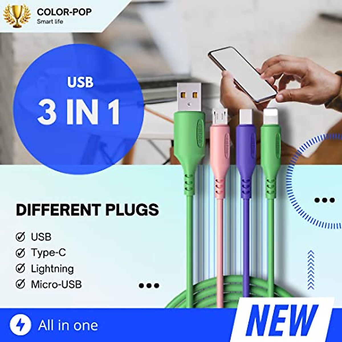 Multi Charging Cable – 2-Pack 3 in 1 Charging Cable for Car, Office – Liquid Silicone Rubber Phone Charger Type C Cable, Micro USB – Compatible with iPhone, Tablet, Samsung, Huawei