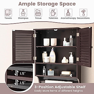 LOKO Bathroom Medicine Cabinet, Storage Cabinet with Double Louvered Doors, Wall Mounted Cabinet with Open Shelf & Towel Bar, Over The Toilet Space Saver Cabinet for Living Room Kitchen (Espresso)