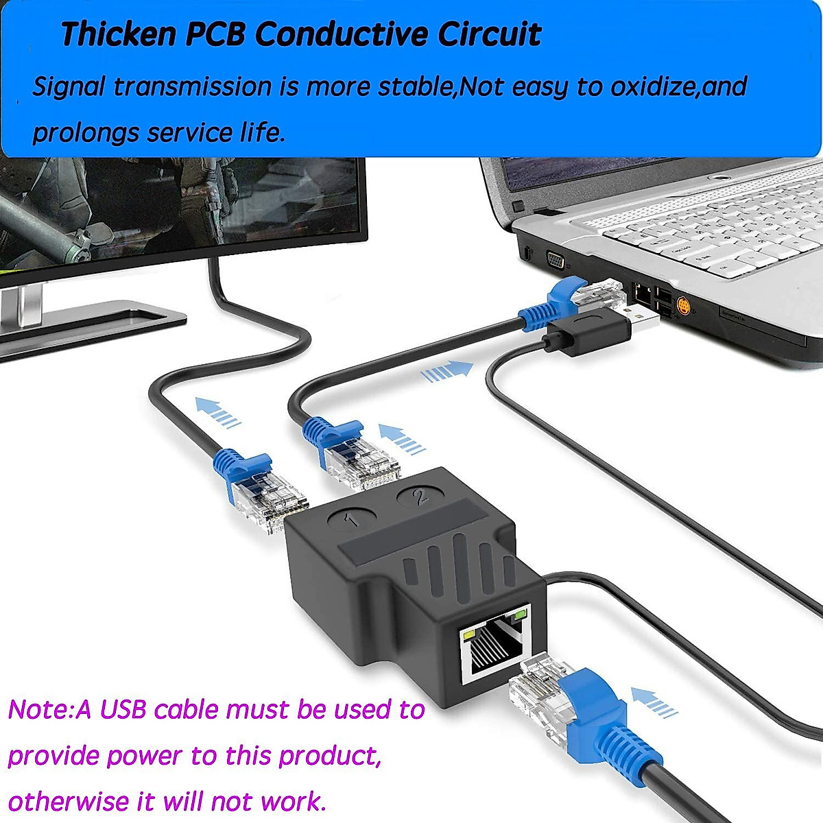 RJ45 Network Splitter Adapter,Wuedozue 1 to 2 Dual Female USB to RJ45 Port with USB Power Cable LAN Interface Ethernet Socket Connector 8P8C Extender Plug Go Online Simultaneously for Cat6, Cat7
