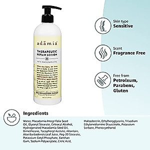 Adamia Therapeutic Repair Lotion with Macadamia Nut Oil and Promega-7, 16 Fl Oz Bottle- Fragrance Free, Paraben Free, Non GMO, White