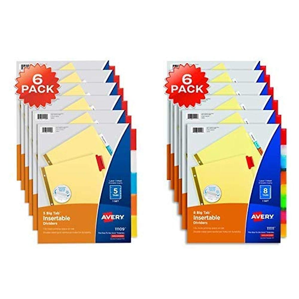 Avery 5-Tab Binder Dividers, Insertable Multicolor Big Tabs, 6 Sets (11109) and Avery 8-Tab Binder Dividers, Insertable Multicolor Big Tabs, 6 Sets (11111)