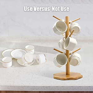 Mug Tree, Coffee Mug Tree, Bamboo Countertop Mug Tree Stand , Coffee Mug Holder Tree for Counter Stand with 6 Hooks, Octagon Base Coffee Cup Tree, Removable Mug Stands