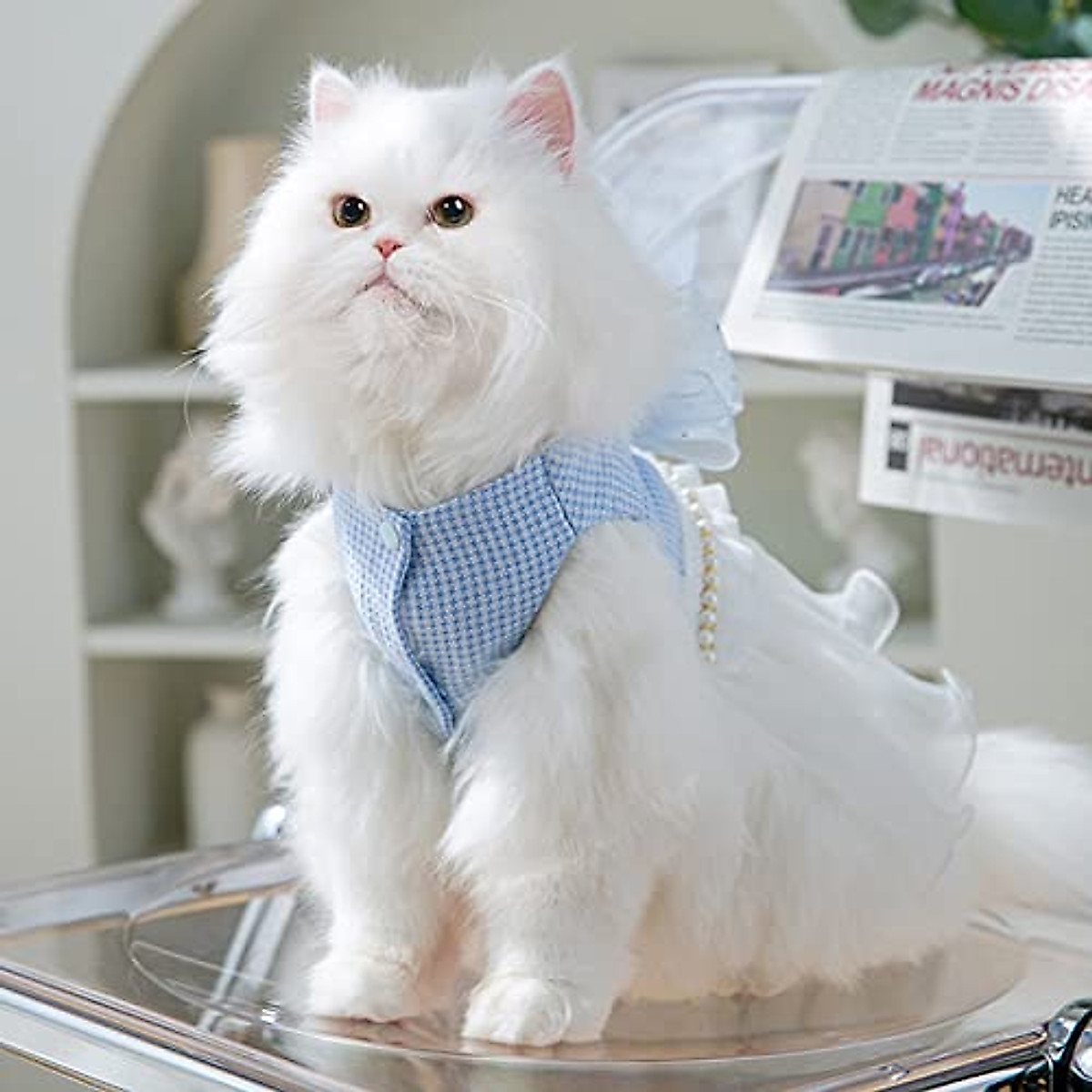 Cat Dress Harness with D Ring Summer Princess Style Seersucker Mesh Skirt Bow Dress for Small Medium Dogs Cats Girl Chihuahua Yorkie Teddy Pet Clothes (X-Large)