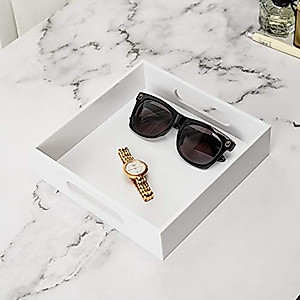 KEVLANG White Sturdy Acrylic Tray with Handles-8x8 Inch- Countertop Organizer Tray for Kitchen,Bathroom,Office- Storage Box for Cosmetics, Jewelry,Toiletries,Toy,Gadgets