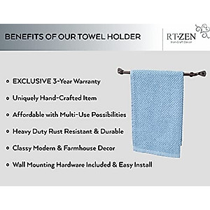 RTZEN Small Elegant Bathroom Hand Towel Holder - Fancy Wrought Iron Kitchen Towel Bar Wall Mount Rod - Matte Black Towel Hanger for Home Kitchen or Office - 13" Rack Fits 10" Hand Towels