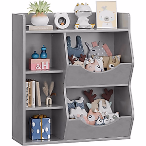 SUNNYFURN Kids 3-Tier Toy Storage Organizer Kids Bookshelf Double Side Toy Shelf Gray- 5 Compartment Bookshelf & Toy Shelf for Kids' Room, Bedroom, Living Room, and Kindergarten - for Toys and Books