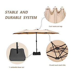 Bigroof 15ft x 9ft Patio Double-Sided Umbrella with Base & Crank, Extra Large Rectangular Outdoor Umbrella for Patio, Lawn & Garden, Beige