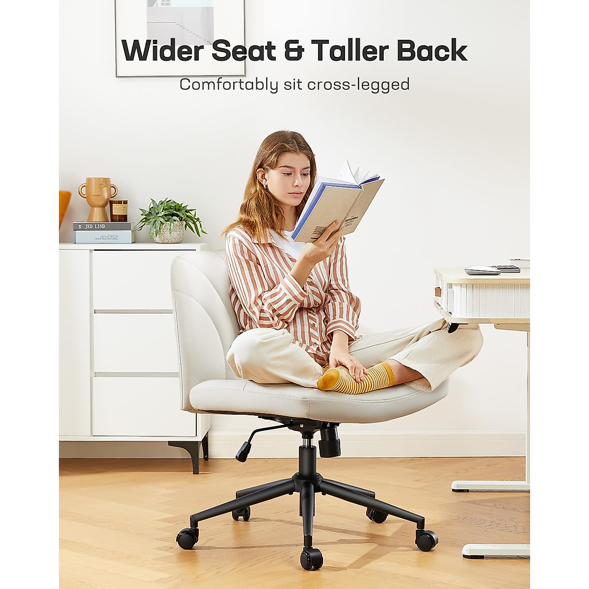 Marsail Criss Cross Chair with Wheels: PU Leather Cross Legged Office Chair Wide Armless Desk Chair Swivel Height Adjustable Vanity Chair for Make Up,Small Space,Bed Room(Beige)