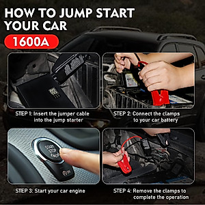 3000A Peak Battery Jump Starter 16000mAh Jump Pack 1600A Rated 12V with Jumper Cables, Portable Battery Booster with USB QC 3.0 PD 18W Fast Charging for Car 7.2L Gas/5.5L Diesel Engine