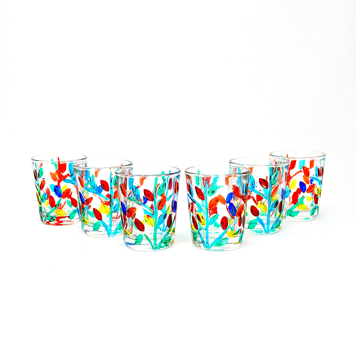 Murano Glass Italian Crystal Shot Glasses, Hand Painted Flowervine Pattern, Set of 6 - Made In Italy