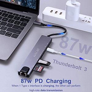 USB C Hub, WUJO 8 in 1 USB C Adapter with 4K HDMI, 1Gbps Ethernet, 87w Type C PD,Thunderbolt 3 USBC Port, 2 USB 3.0, SD/TF Card Reader, Compatible with MacBook Pro/Air, Pixelbook,XPS, Chromebook.