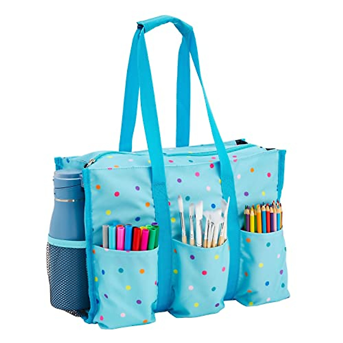 Juvale Large Utility Tote Bag with Pockets, Compartments, and Zip Top for Teachers, Nurses, Crafts, Travel Organization (Light Blue, 14.5 x 10.5 x 6 In)