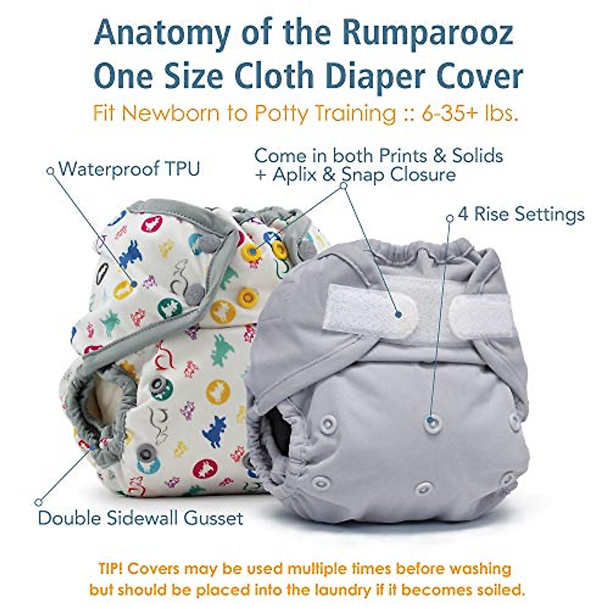 Kanga Care Rumparooz Double Leg Gusset Reusable Cloth Diaper Cover One Size Snap | Roozy 6-35 lbs