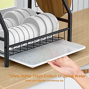MERRYBOX Dish Drying Rack, 2 Tier Stainless Steel Plate Dish Rack Drainboard Set with 3 Trays, Utensil Holder, Cutting Board Holder, Anti-Rust Dish Drainer for Kitchen Counter Space Saving