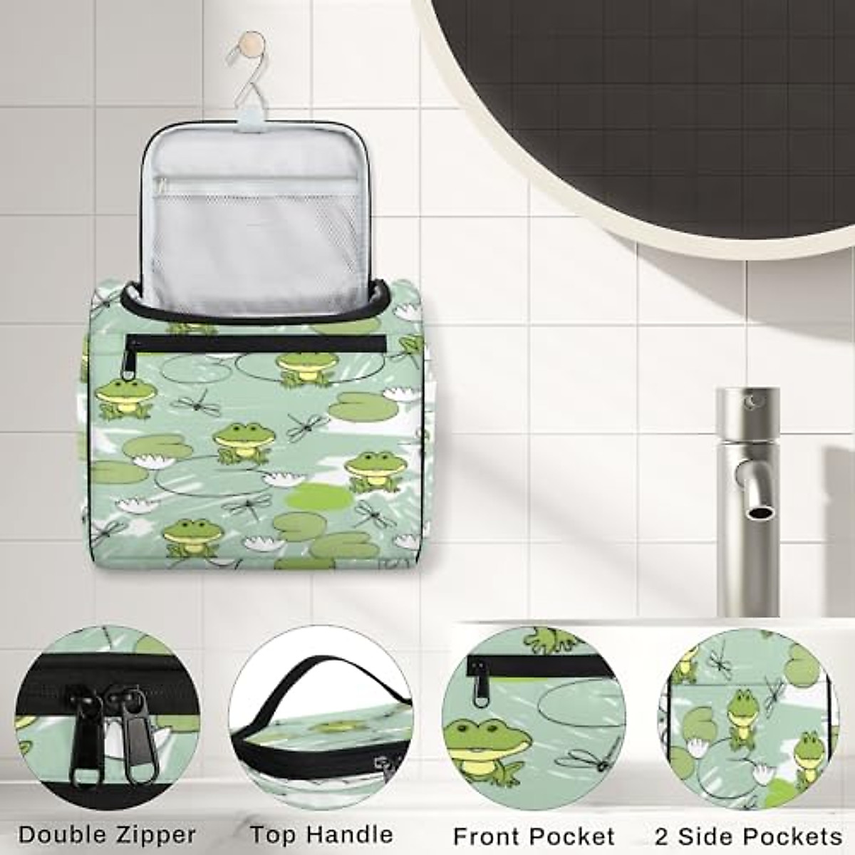 XMNYGJ Cute Dragonfly Frog Hanging Toiletry Bag for Men Women Travel Cosmetic Makeup Organizer Bag Water Resistant Large Portable Wash Case for Accessories, Toiletries, Cosmetics