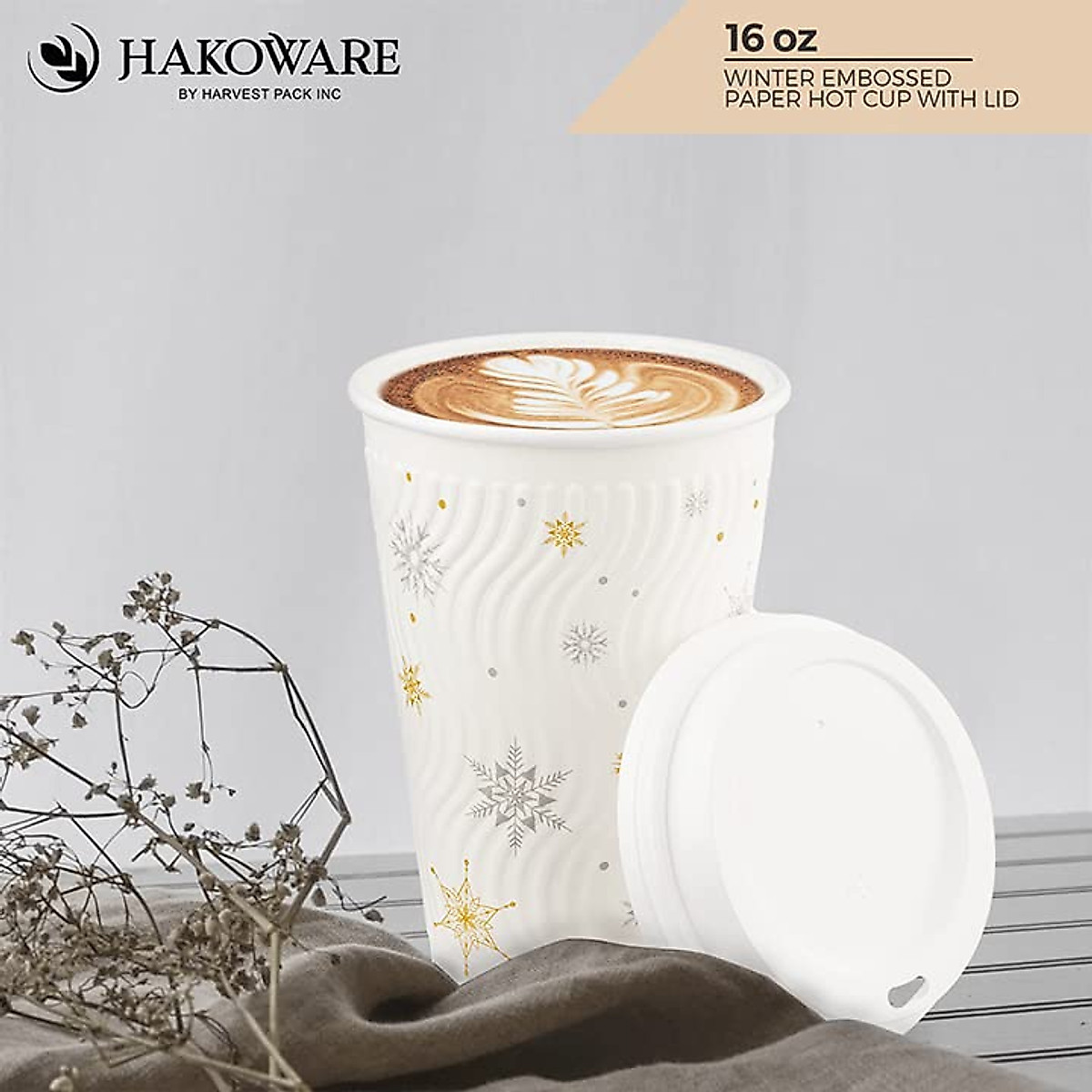 [100 SET]Harvest Pack 12 oz Christmas Coffee Cups, White Snowflake Winter Disposable Paper Cups, Insulated Ripple Wall Paper Cups with Lids, XMAS Gold and Silver Foil, Hot Chocolate To go
